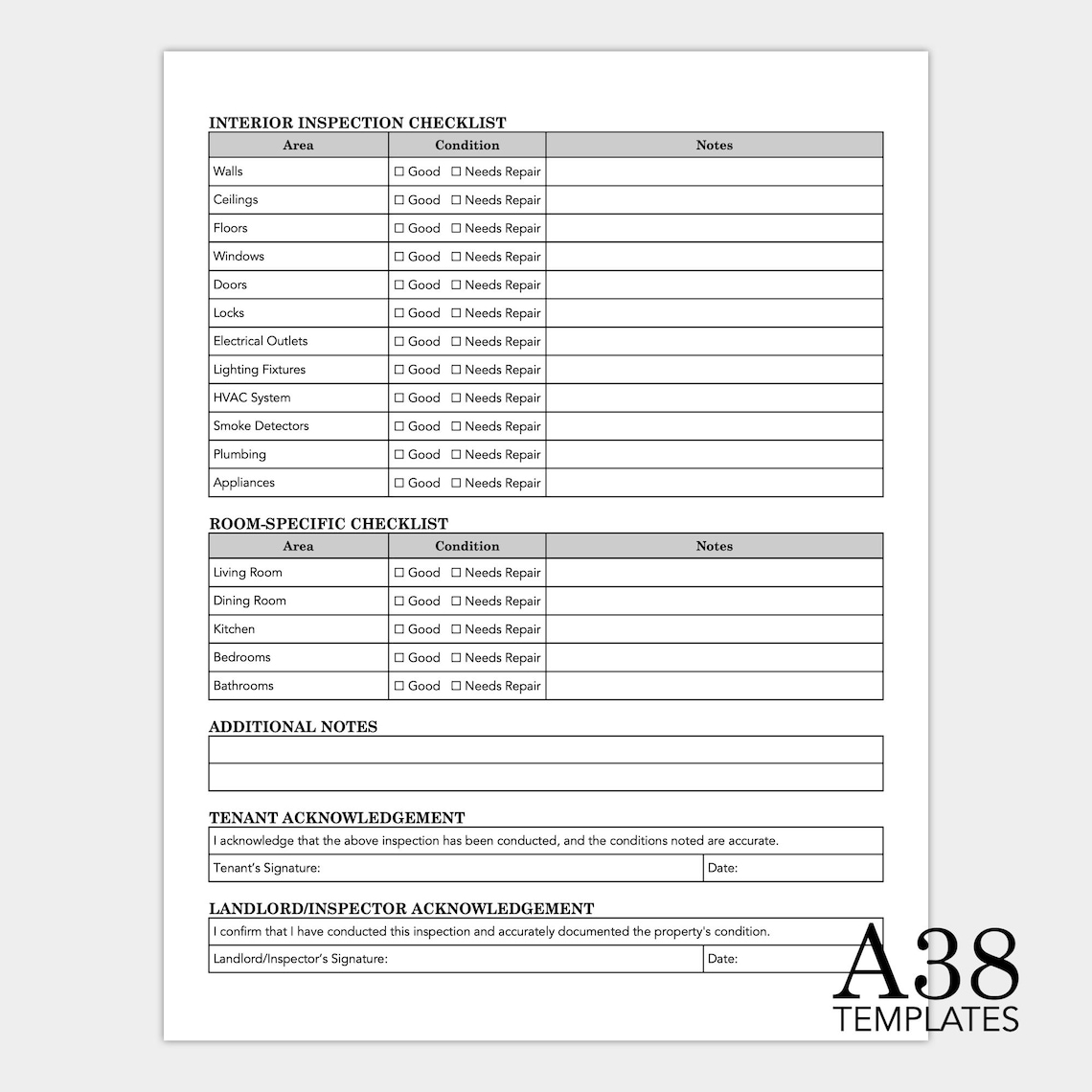 Rental Property Inspection Report Checklist Template: Landlord Form ...