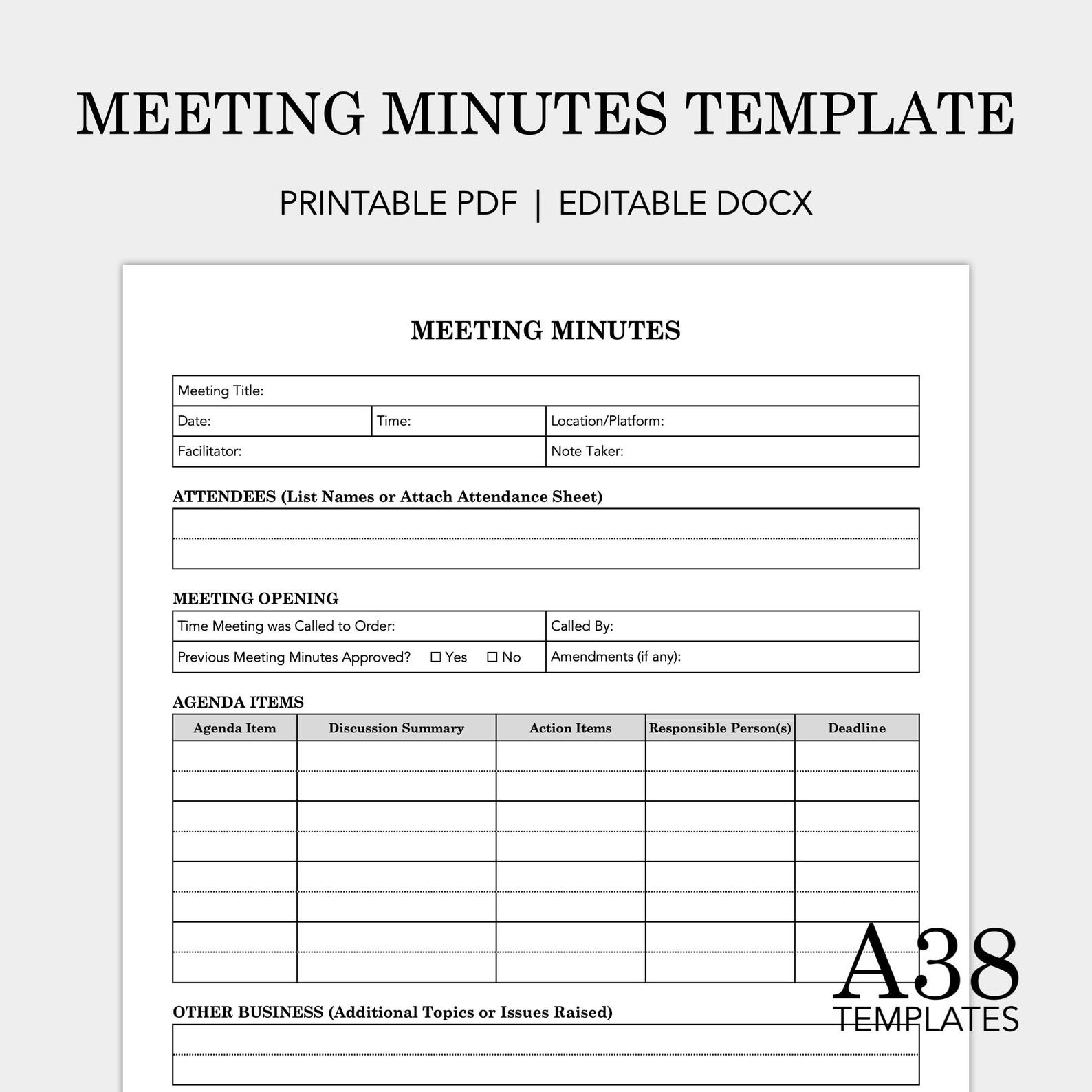 Meeting Minutes Template: Notes, Agenda (printable PDF & Editable DOCX ...
