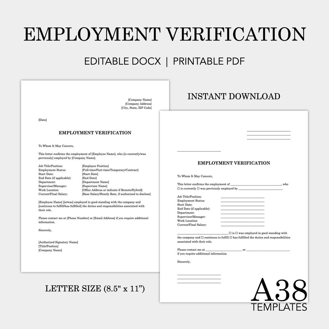 Employment Verification Letter Template: HR Form, Proof of Job ...