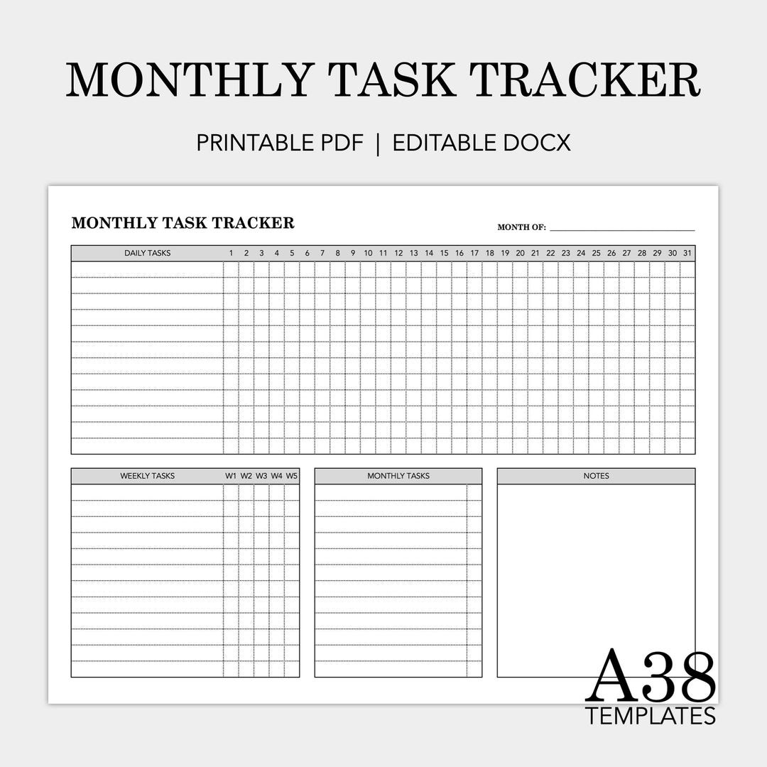 Monthly Task Tracker Template: To-do List, Checklist Planner (printable ...