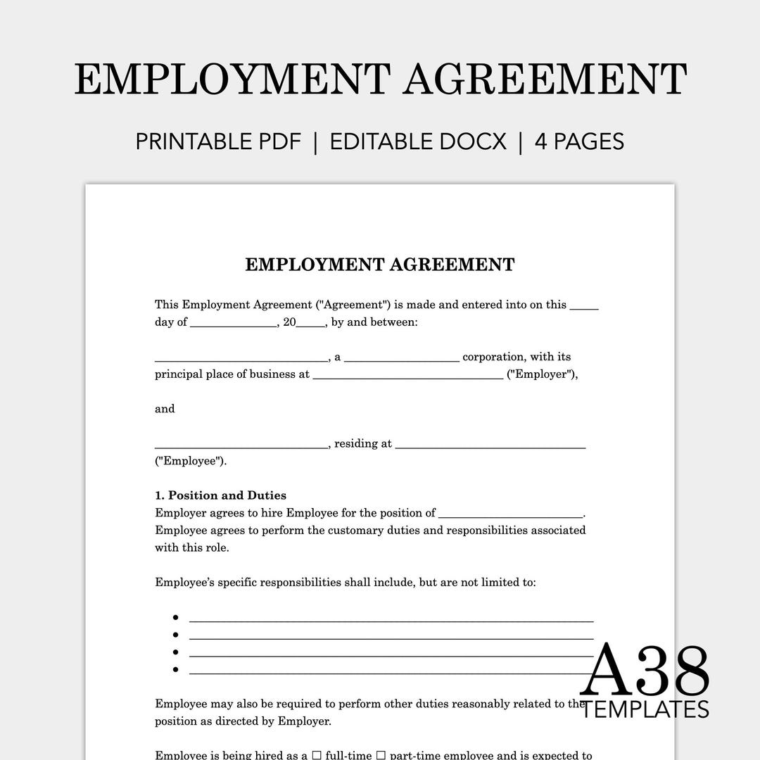 Employment Agreement Template, Employment Contract, Job Contract, Job ...