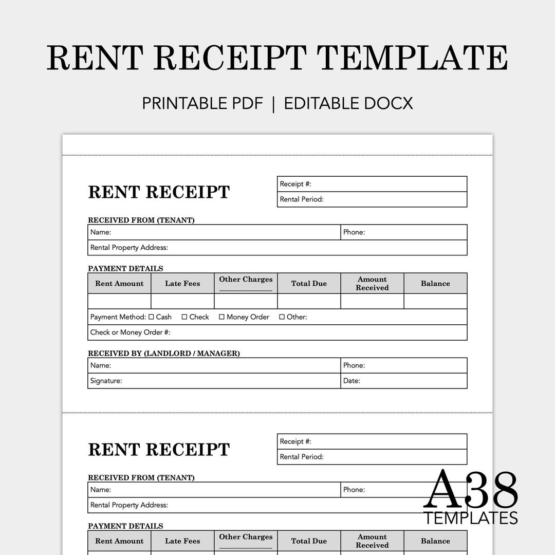 Rent Receipt Template: Rental Payment, Landlord Form, Property ...
