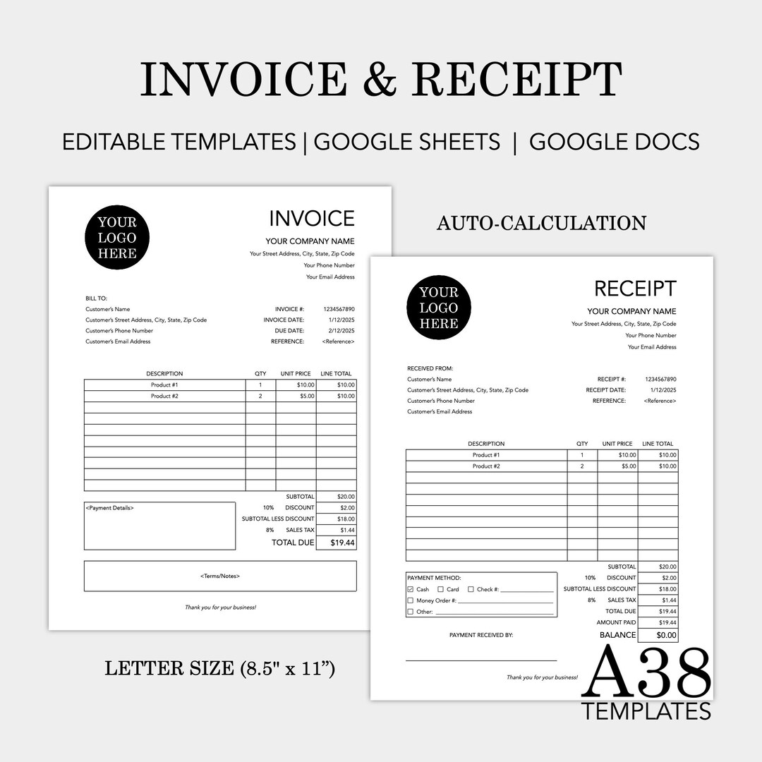 Invoice and Receipt Template Bundle, Editable, Auto-calculation, Google ...