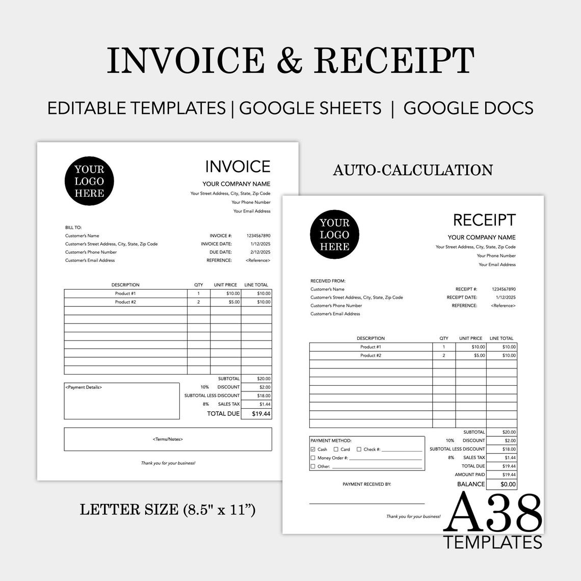 Editable Invoice and Receipt Template Bundle: Small Business Form ...