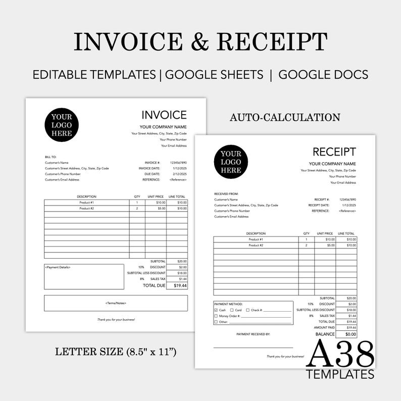 Editable Invoice and Receipt Template Bundle: Small Business Form ...