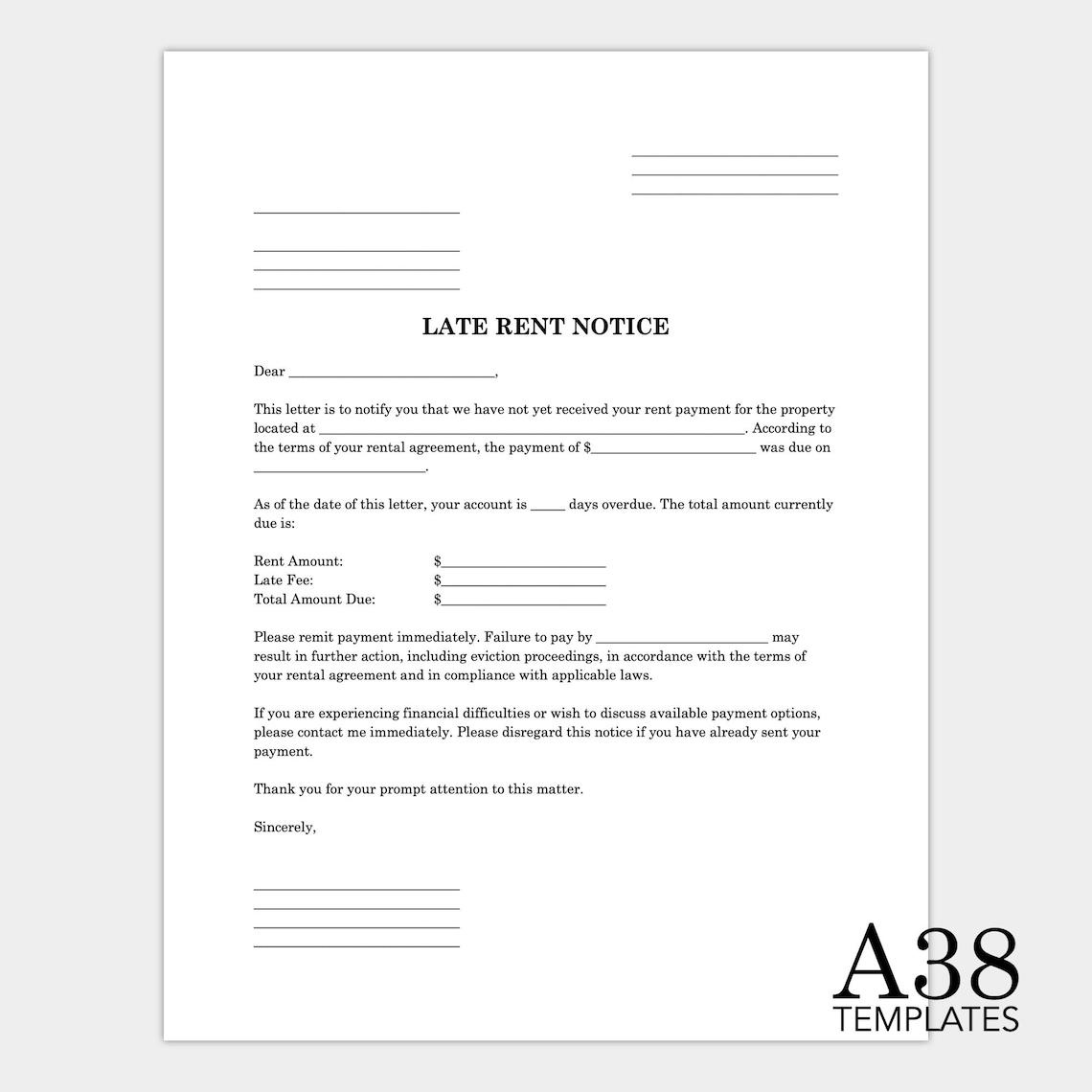 Late Rent Notice Template, Late Rent Payment, Overdue Rent Reminder ...