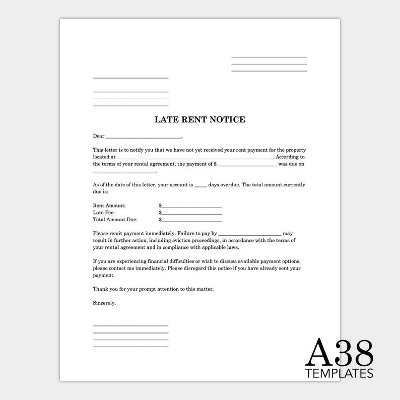 Late Rent Notice Template, Late Rent Payment, Overdue Rent Reminder ...