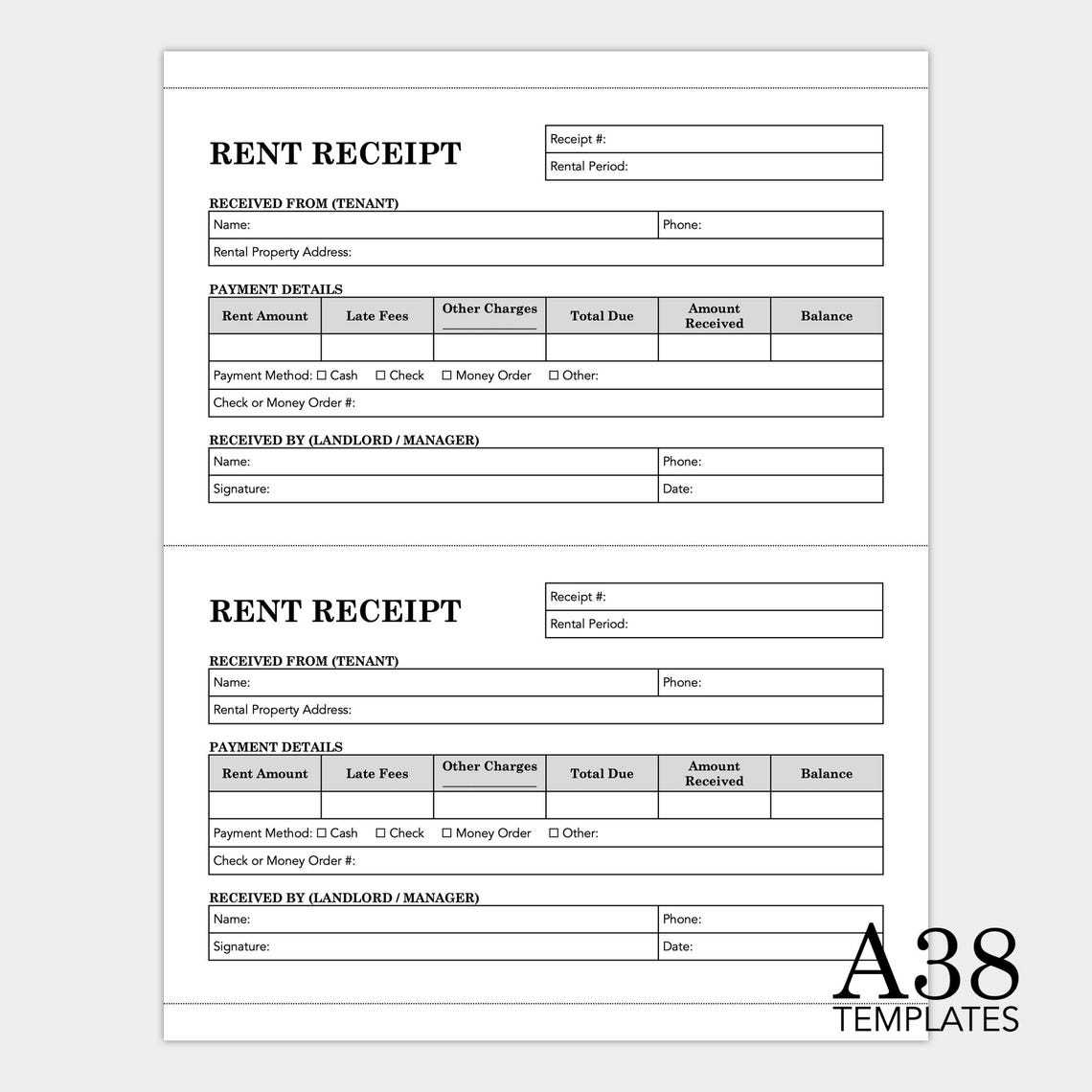 Rent Receipt Template: Rental Payment, Landlord Form, Property ...