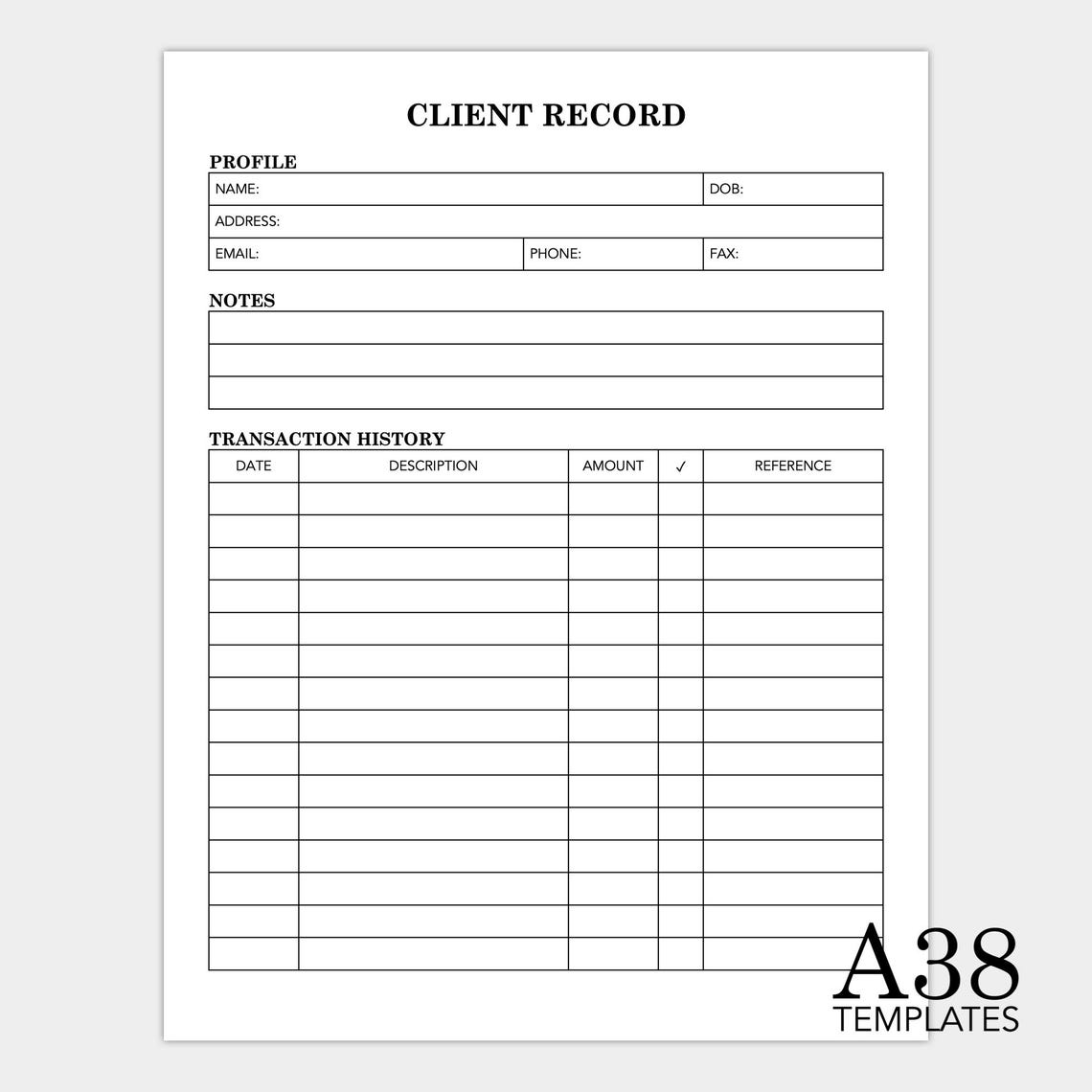 Client Record Template, Client Profile, Client Transaction History ...