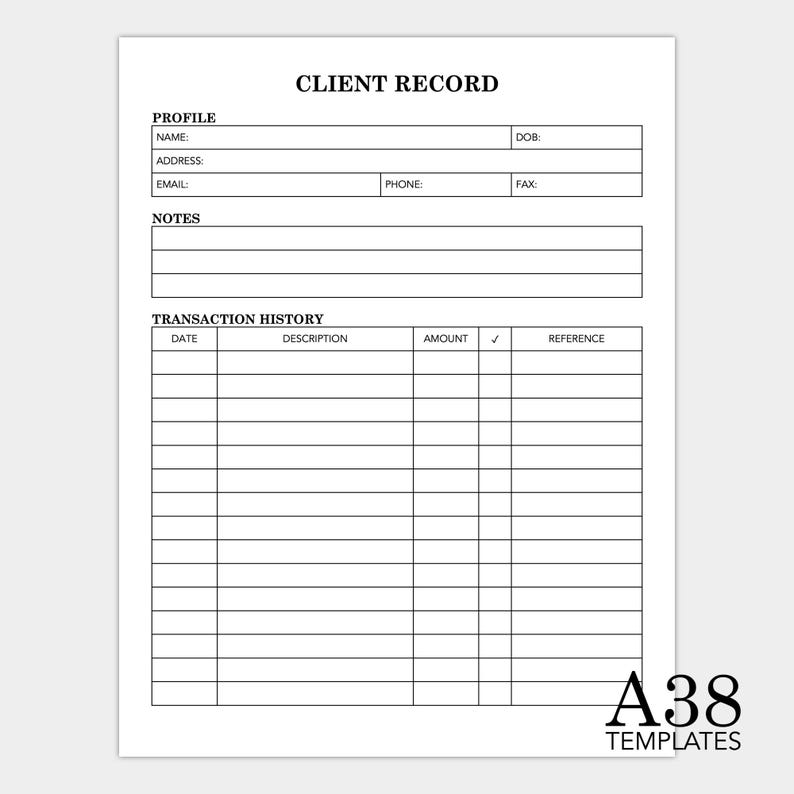 Client Record Template, Client Profile, Client Transaction History ...