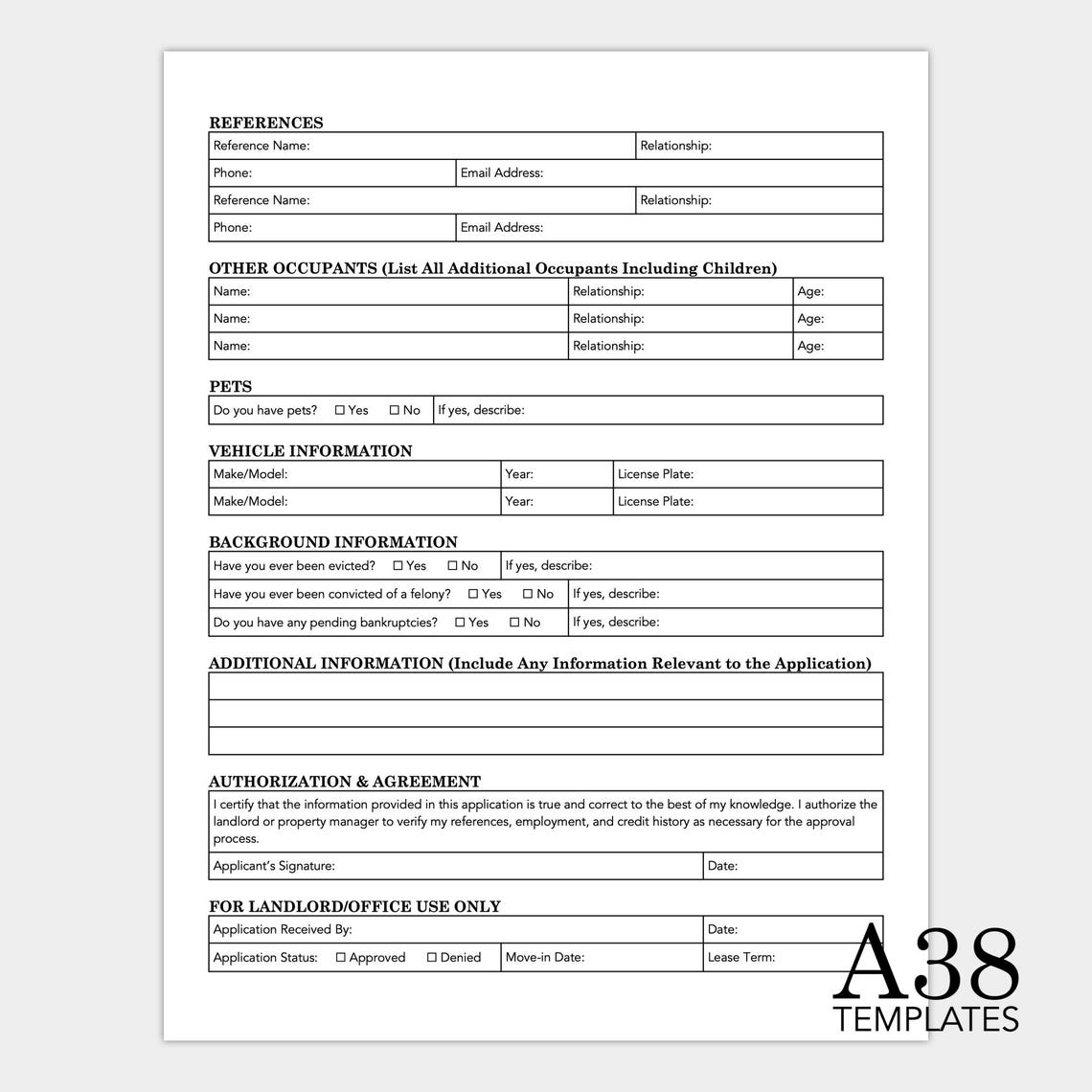 Rental Application Form Template: Tenant Screening, Property Management (printable PDF ...