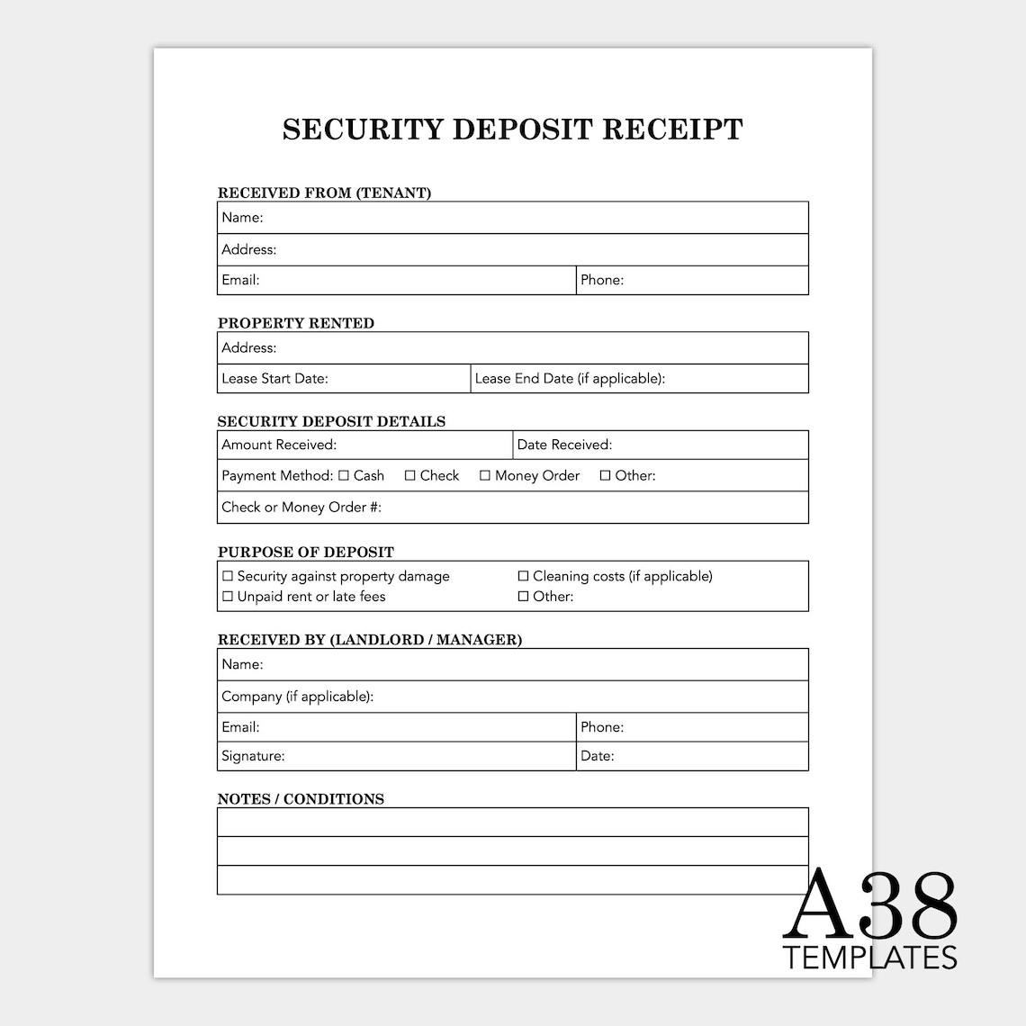 Rental Security Deposit Receipt Template: Landlord Form, Property ...