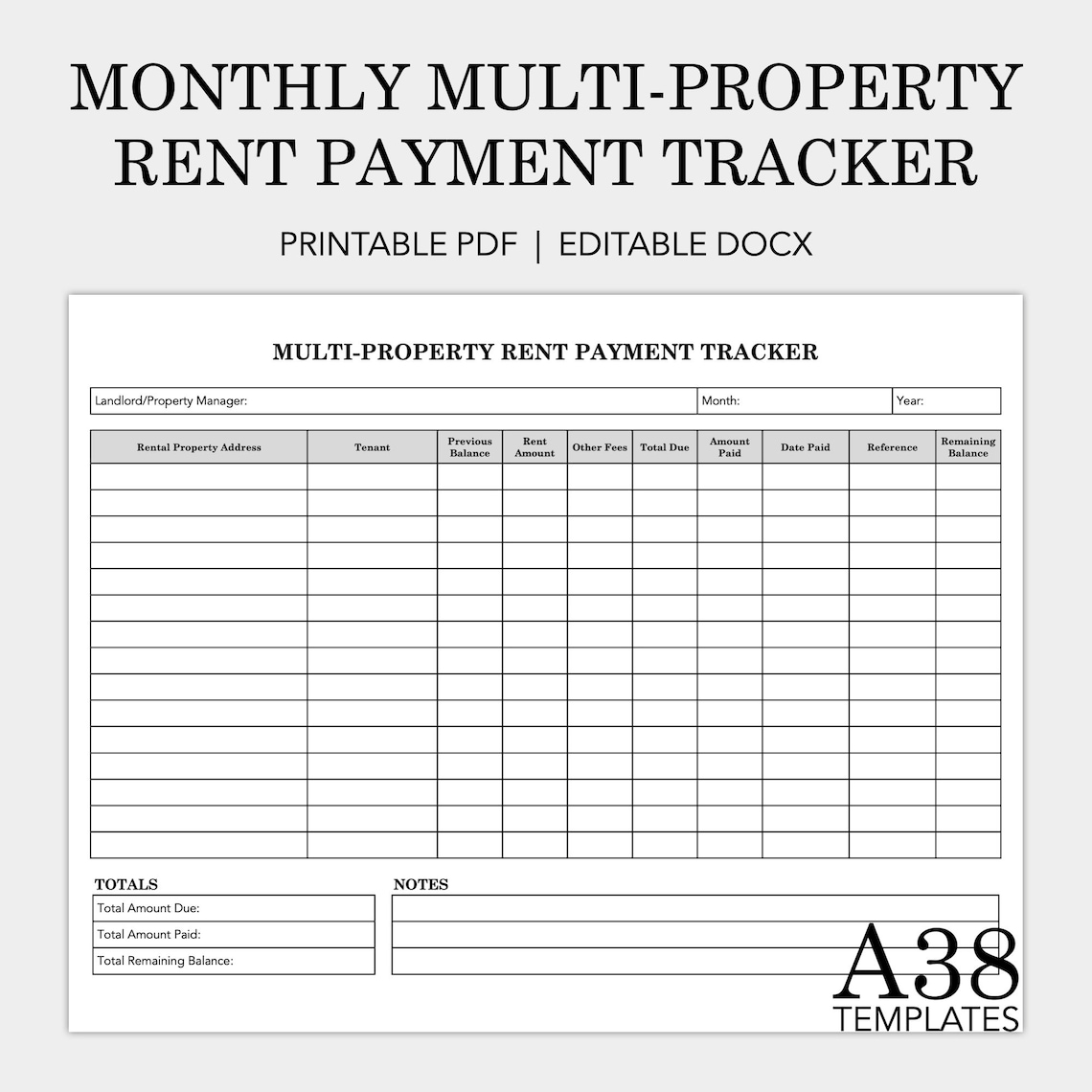 Monthly Multi-property Rent Payment Tracker Template: Landlord Form ...