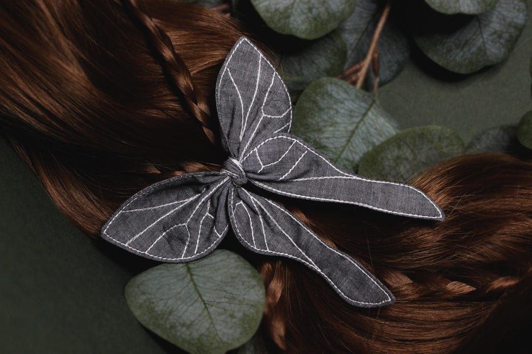 Luna Moth Hair Bow / Embroidered Moth Hair Bow, Grey Butterfly Hair Bow ...