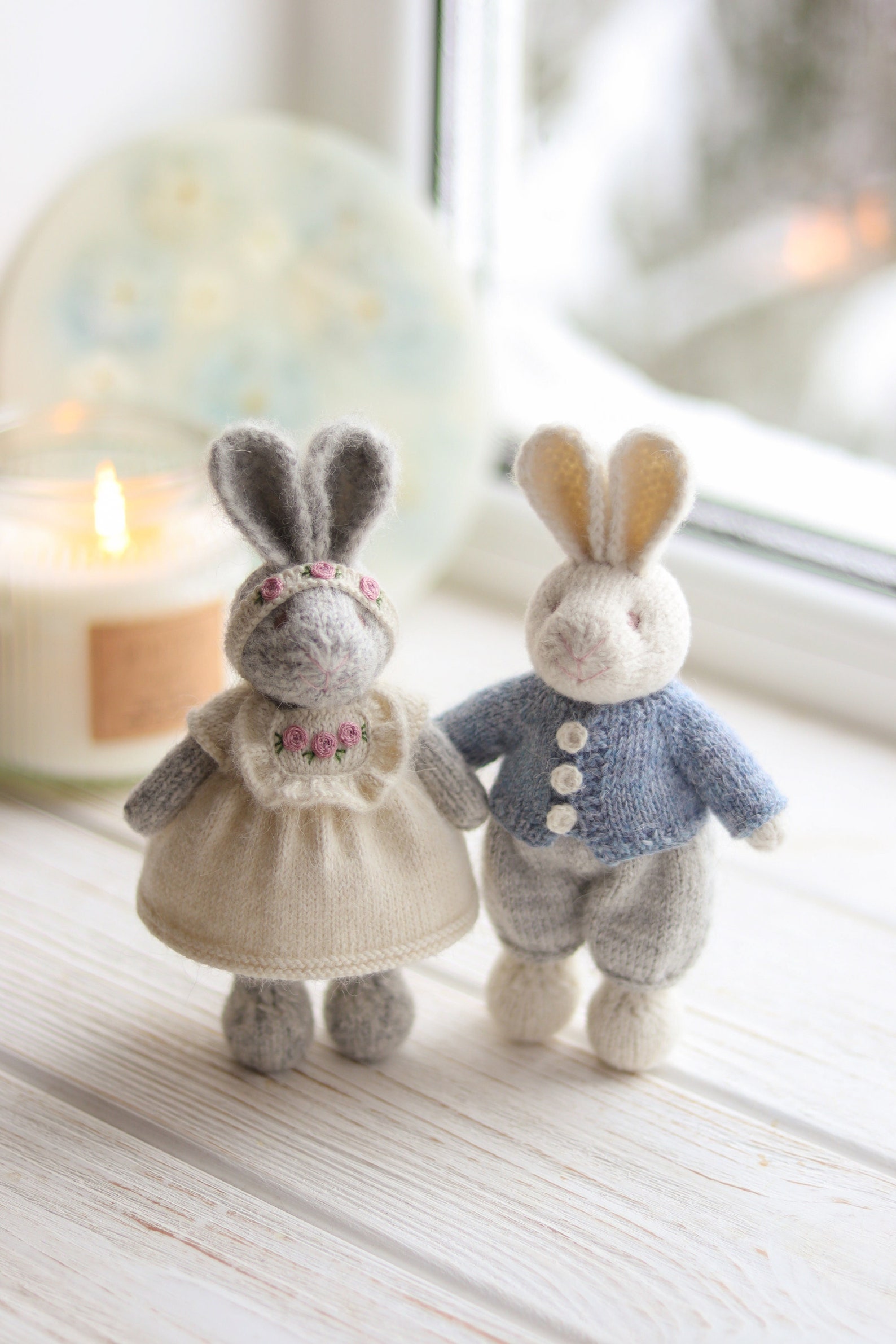 Handmade Knitted Couple of Rabbits "grey and White" - Hand Knit Little ...