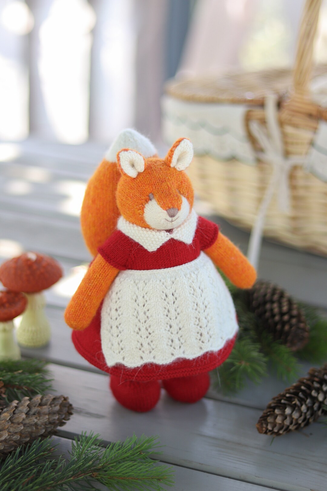 Knitted Squirrel Doll Dressed in Red Dress With Lacy White - Etsy