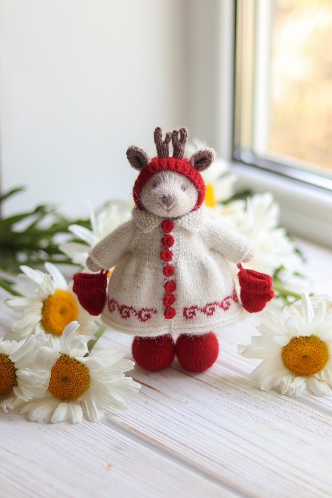 Knitted Christmas Deer Toy in Cream Coat With Tiny Red Mittens Knitted ...