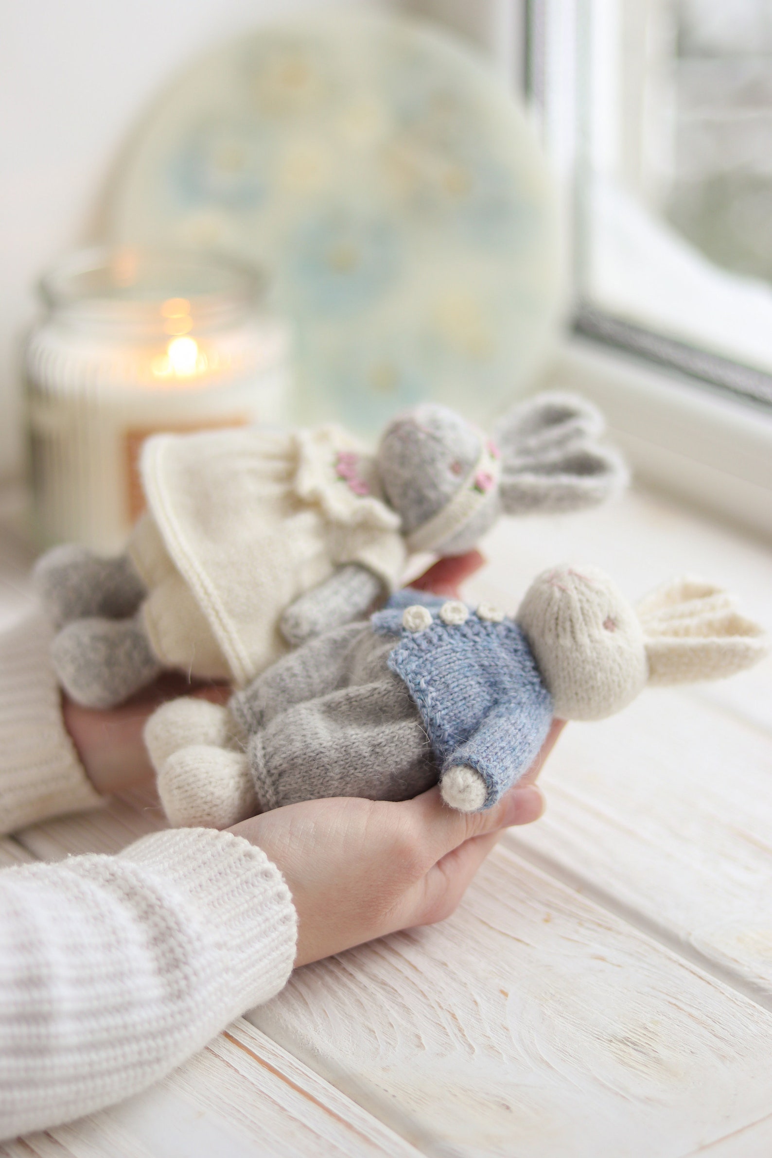 Handmade Knitted Couple of Rabbits "grey and White" - Hand Knit Little ...