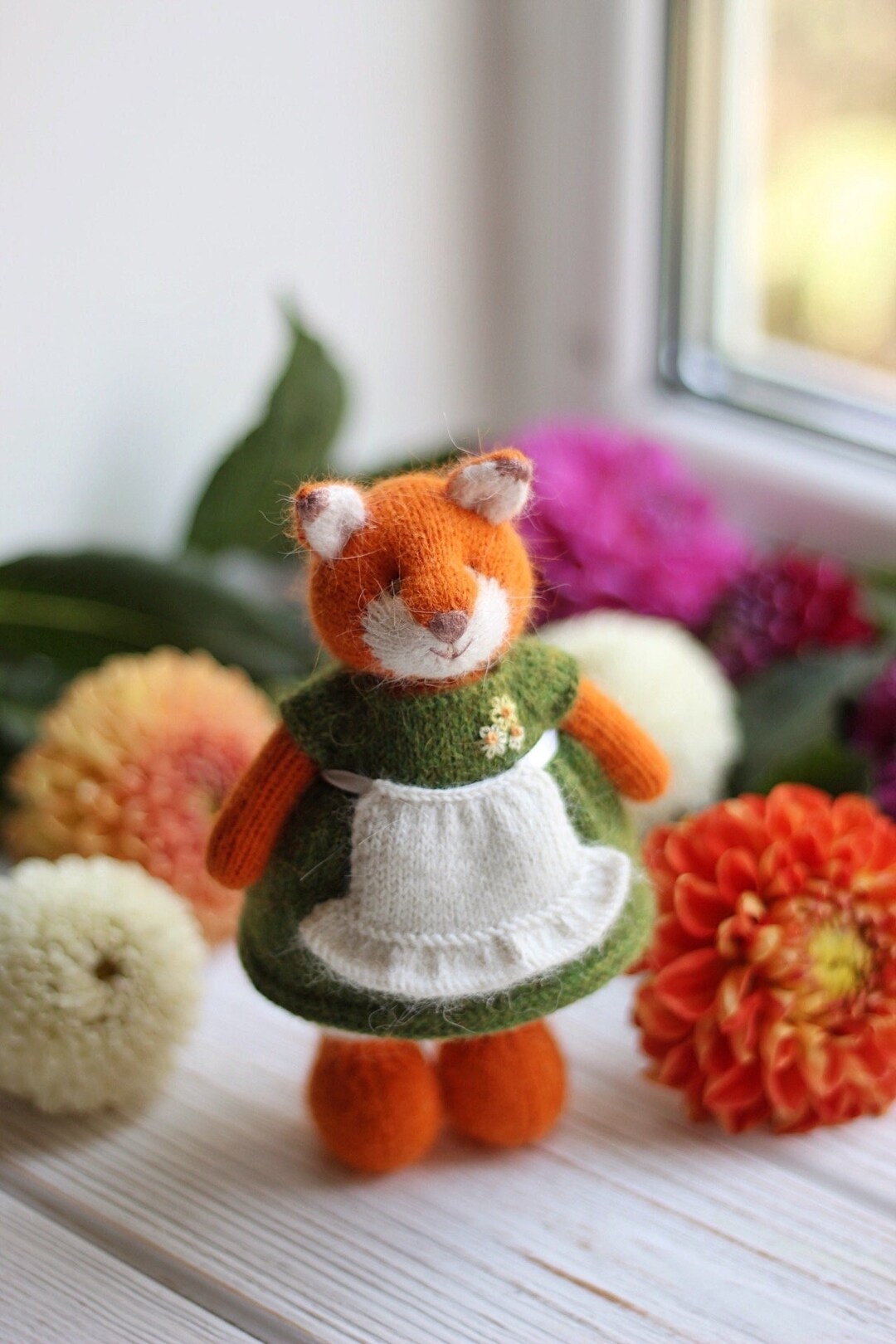 Knitted Fox Toy in Green Dress - Stuffed Knitted Animal Toy - Hand Knit ...