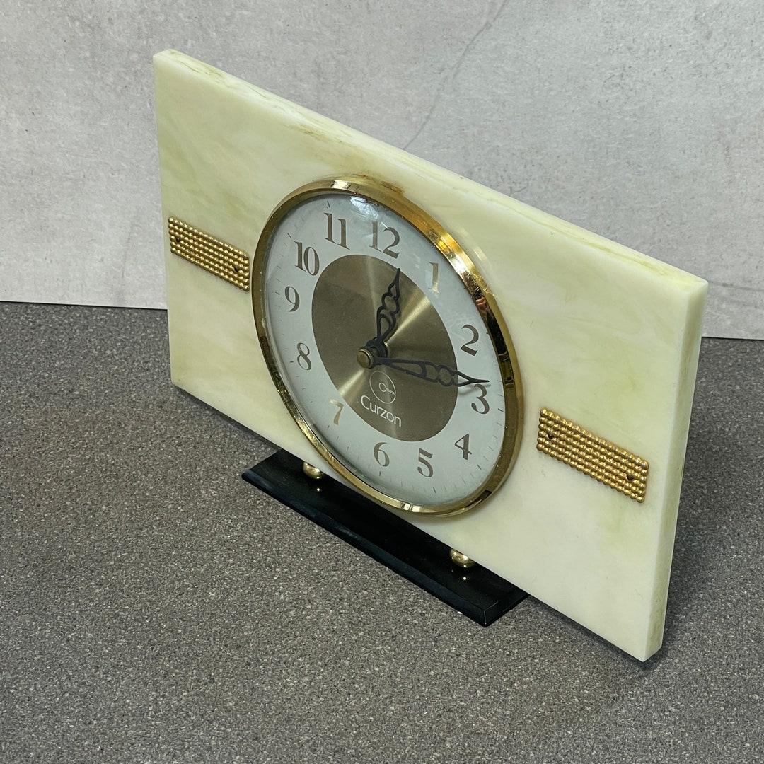 Vintage Curzon Marble Mantle Clock Gold Beige Mid Century Retro Ideal ...