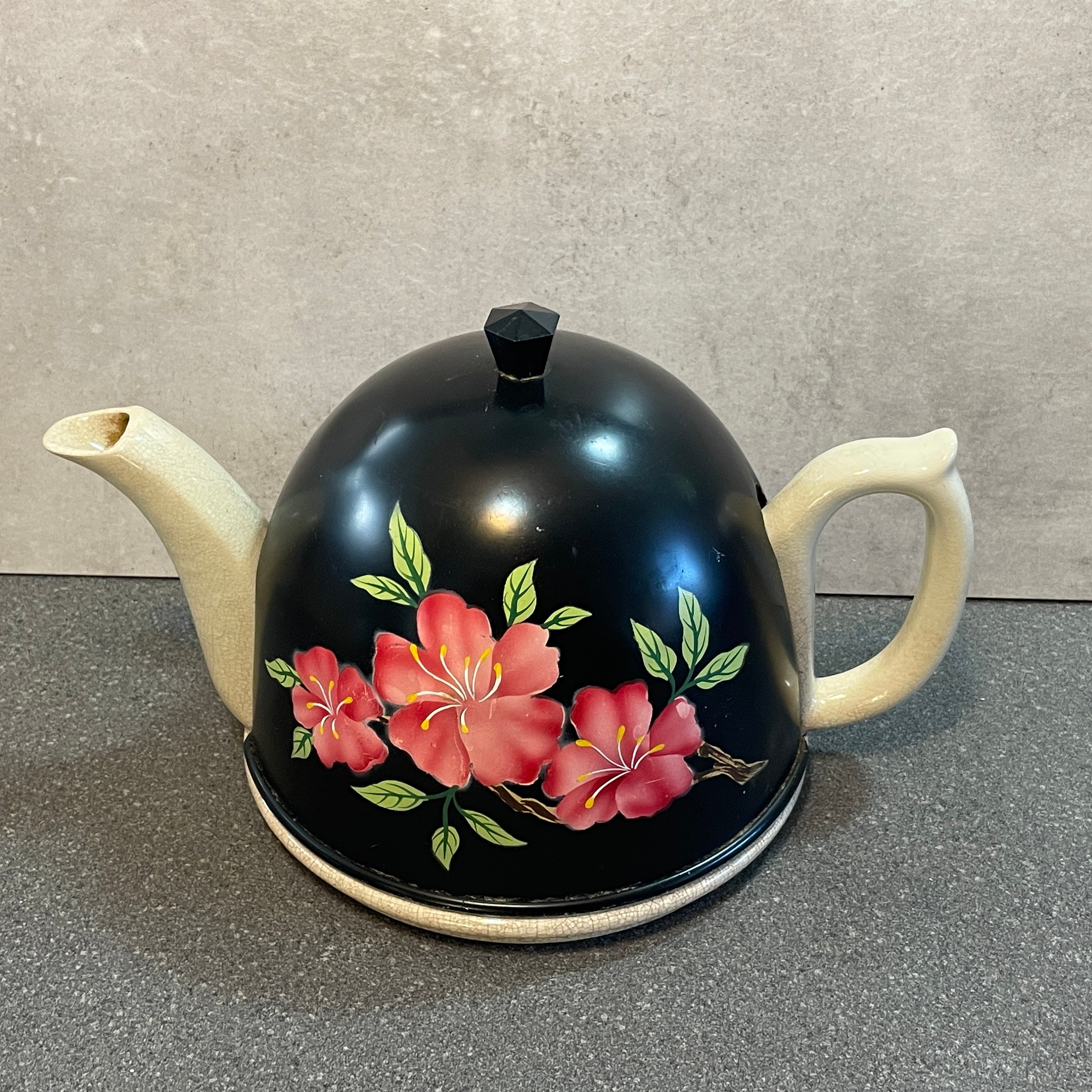 Vintage 1950s Floral Design Tea Pot & Sugar Bowl Set, Black Insulated ...