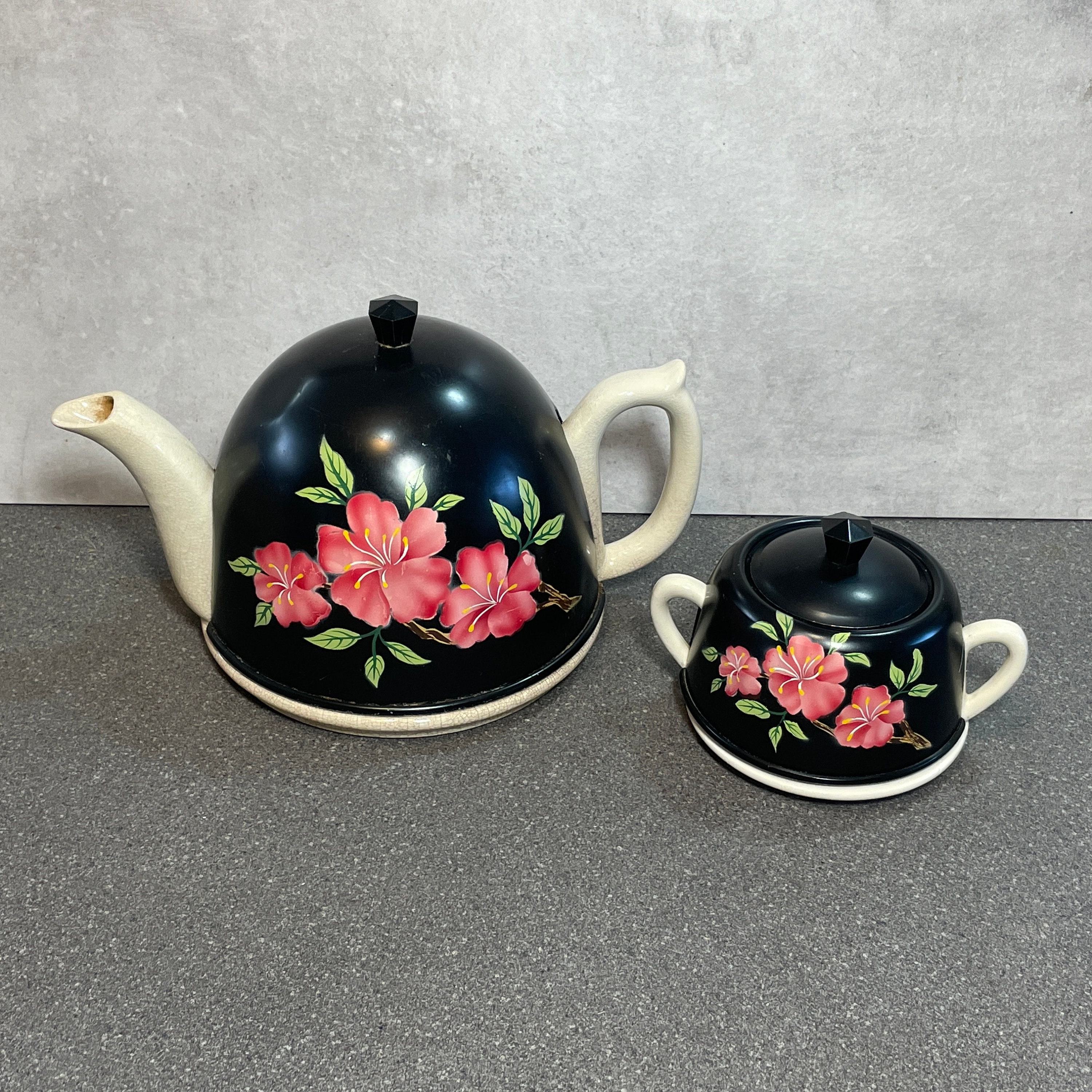 Vintage 1950s Floral Design Tea Pot & Sugar Bowl Set, Black Insulated ...