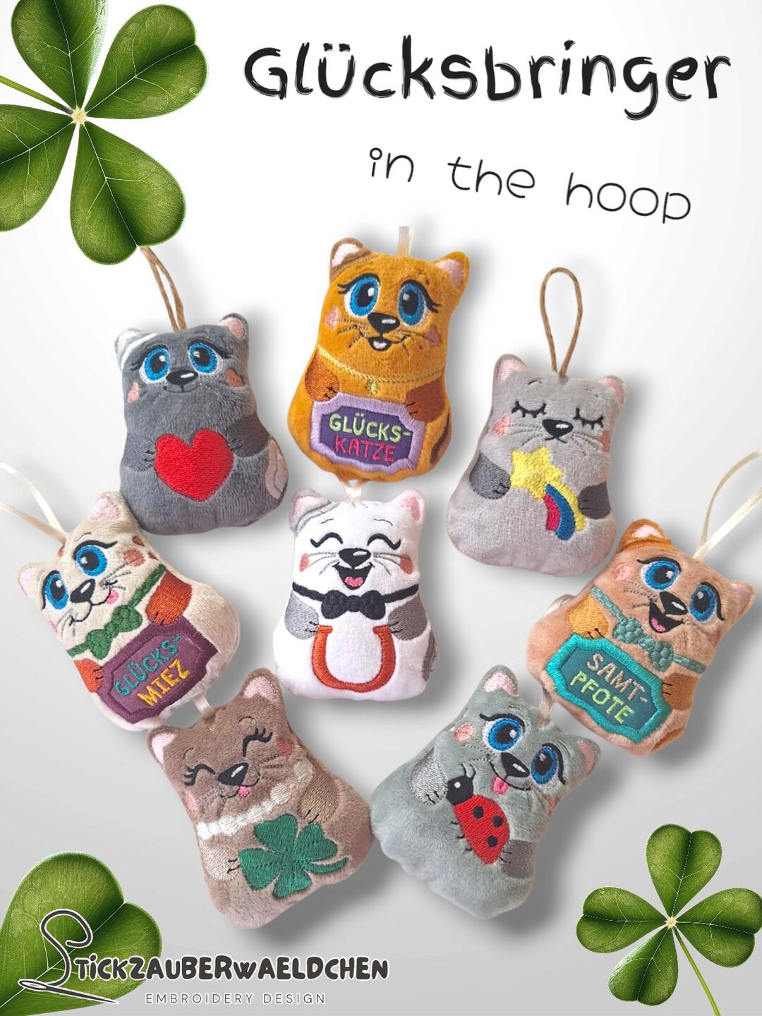 8x Embroidery File Glücksmieze Glückskkatze Protector Comfort Luck ITH ...