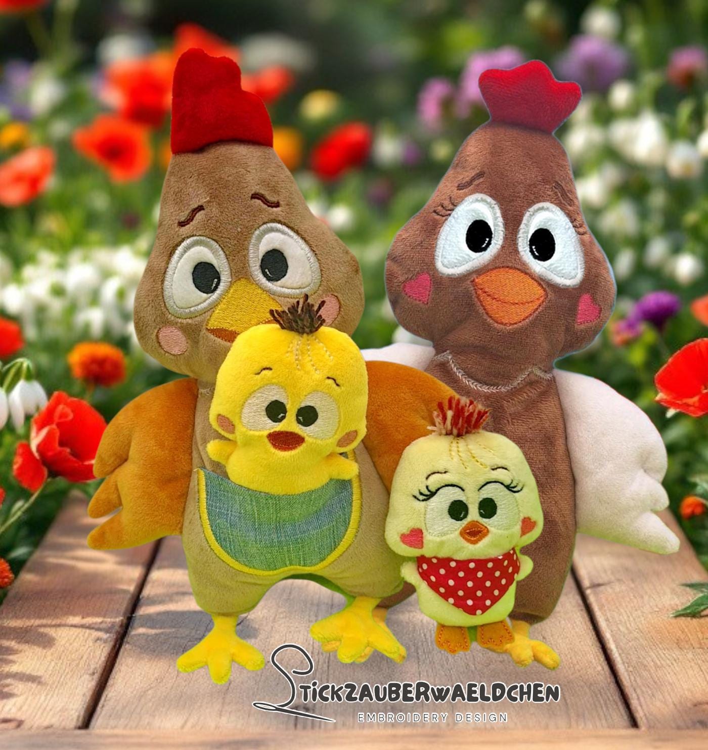 Stickdatei 2 x HUHN + 2 x KÜKEN Hahn Henne ITH 16x26 Ostern in the hoop ...