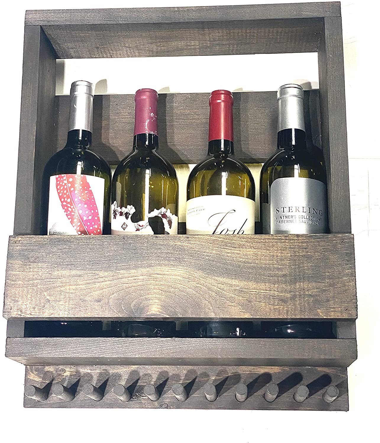 Distressed 4 Bottle Wine and Wine Glass Rack Wall Mount Decor | Etsy