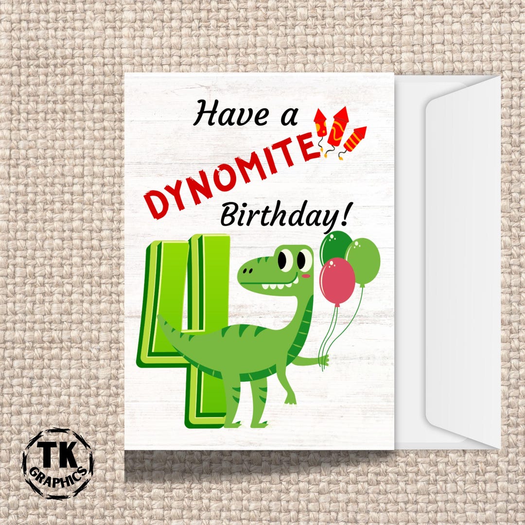Dinosaur 4th Birthday Card, Dyno-mite Kids Party - Etsy