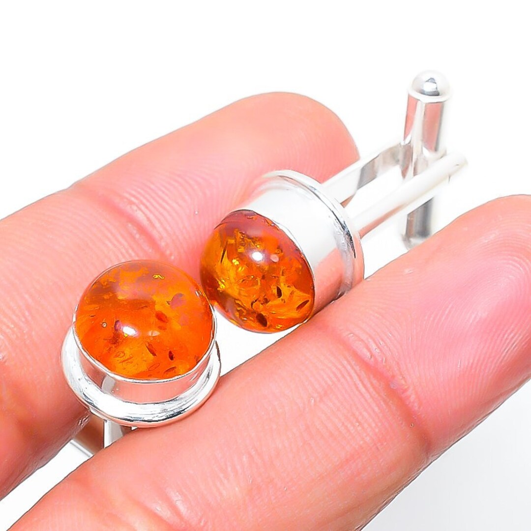 Baltic Amber Gemstone 925 Silver Cufflinks, Baltic Amber Round Shape ...