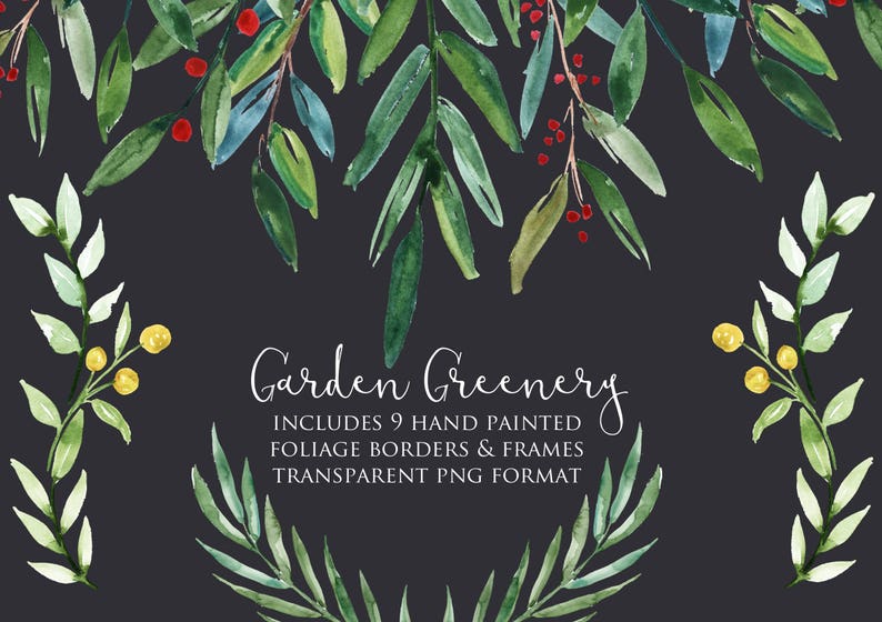 Garden Greenery Digital Hand Painted Watercolour Clip Art Imagery for ...