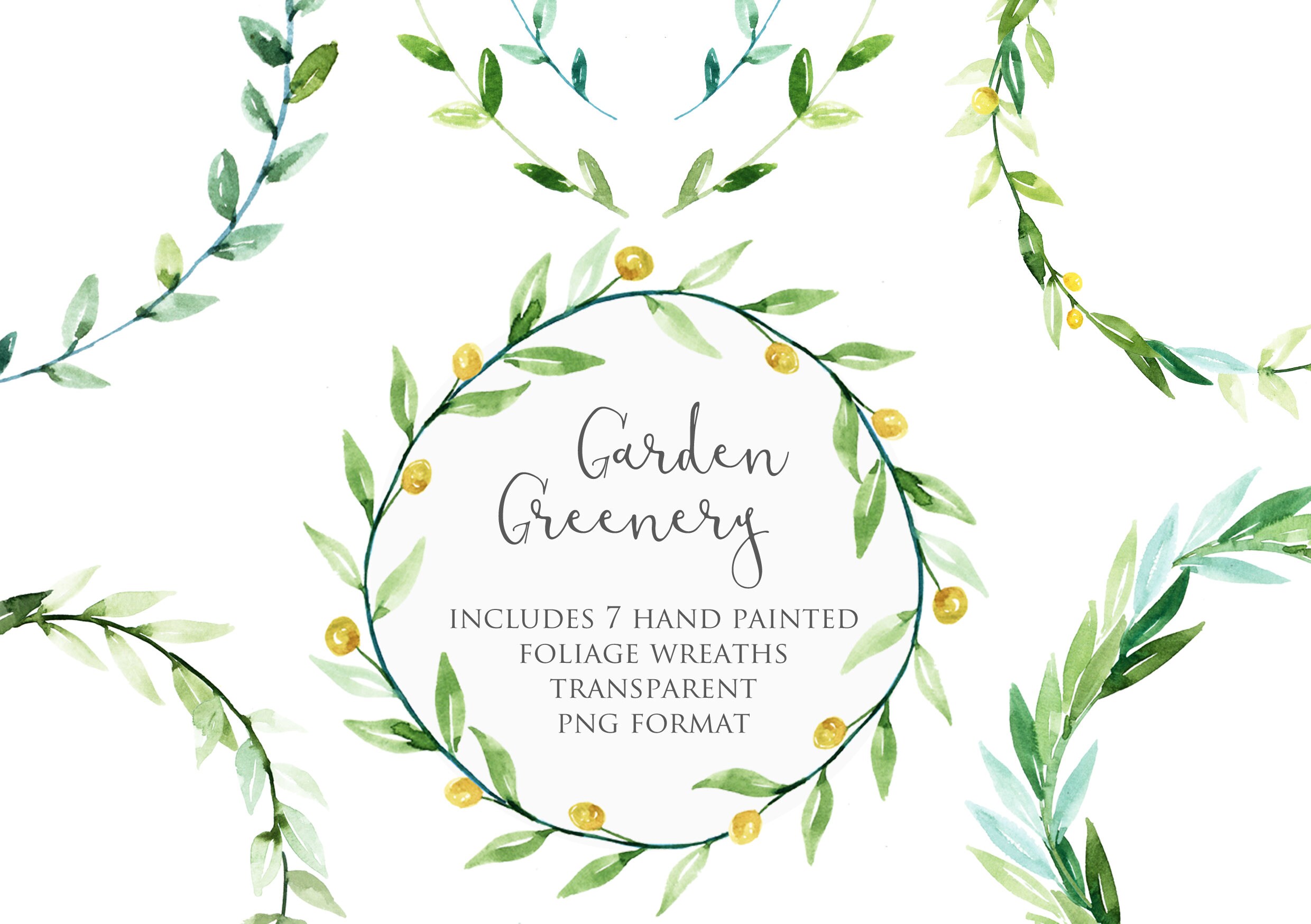 Garden Greenery Digital Hand Painted Watercolour Clip Art Imagery for ...