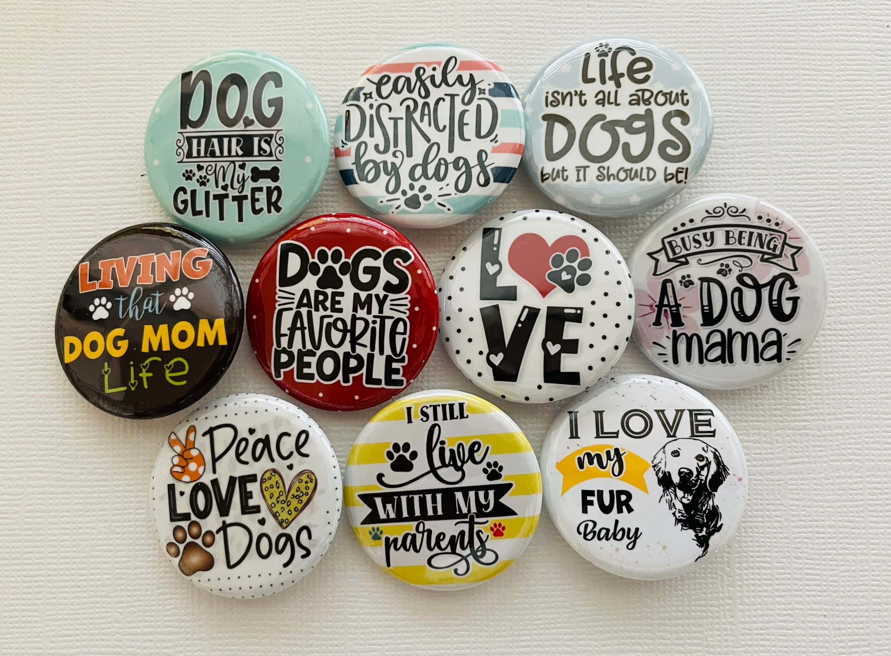 Dog Button Pins Set of 10 1.25 Metal Pin Back Buttons Pet Love Dog Mama ...