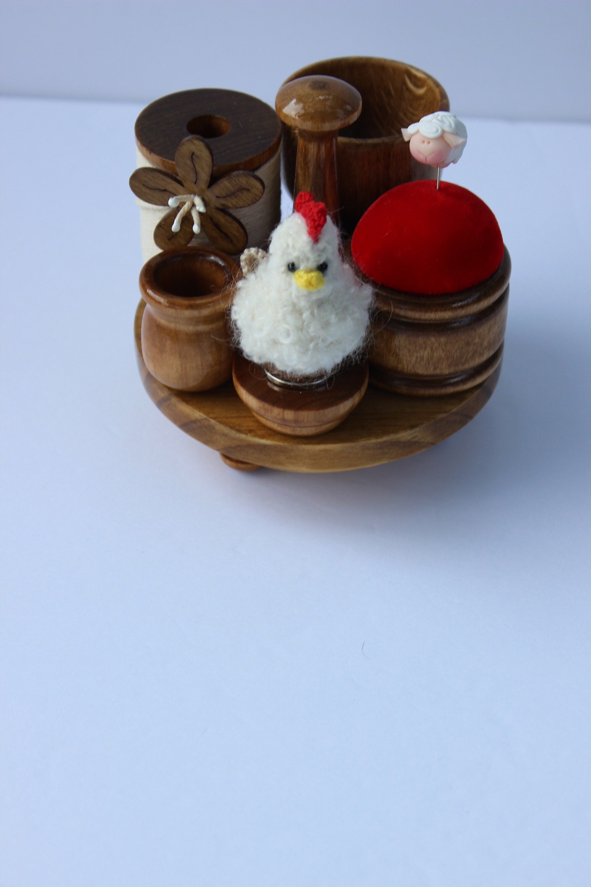 Wooden Chicken Organizer Caddy Needle Minder Pin Cushion Scissors ...