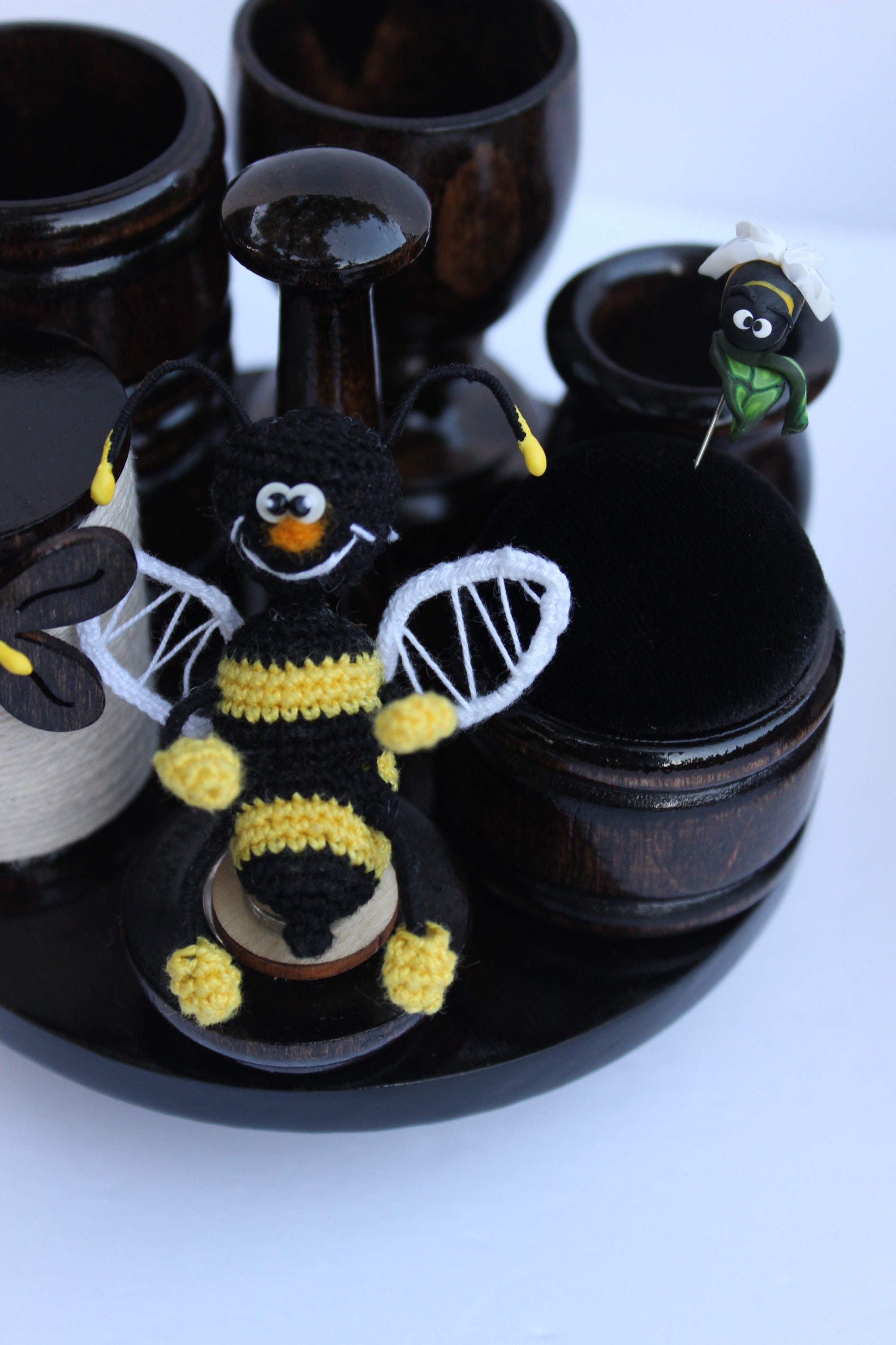 Wood Bee Organizer Caddy Needle Minder Pin Cushion Scissors | Etsy