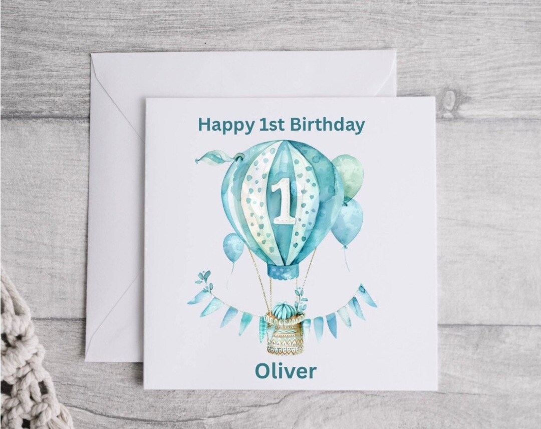 Personalised First Birthday Card, First Birthday, Hot Air Balloon, Boys ...