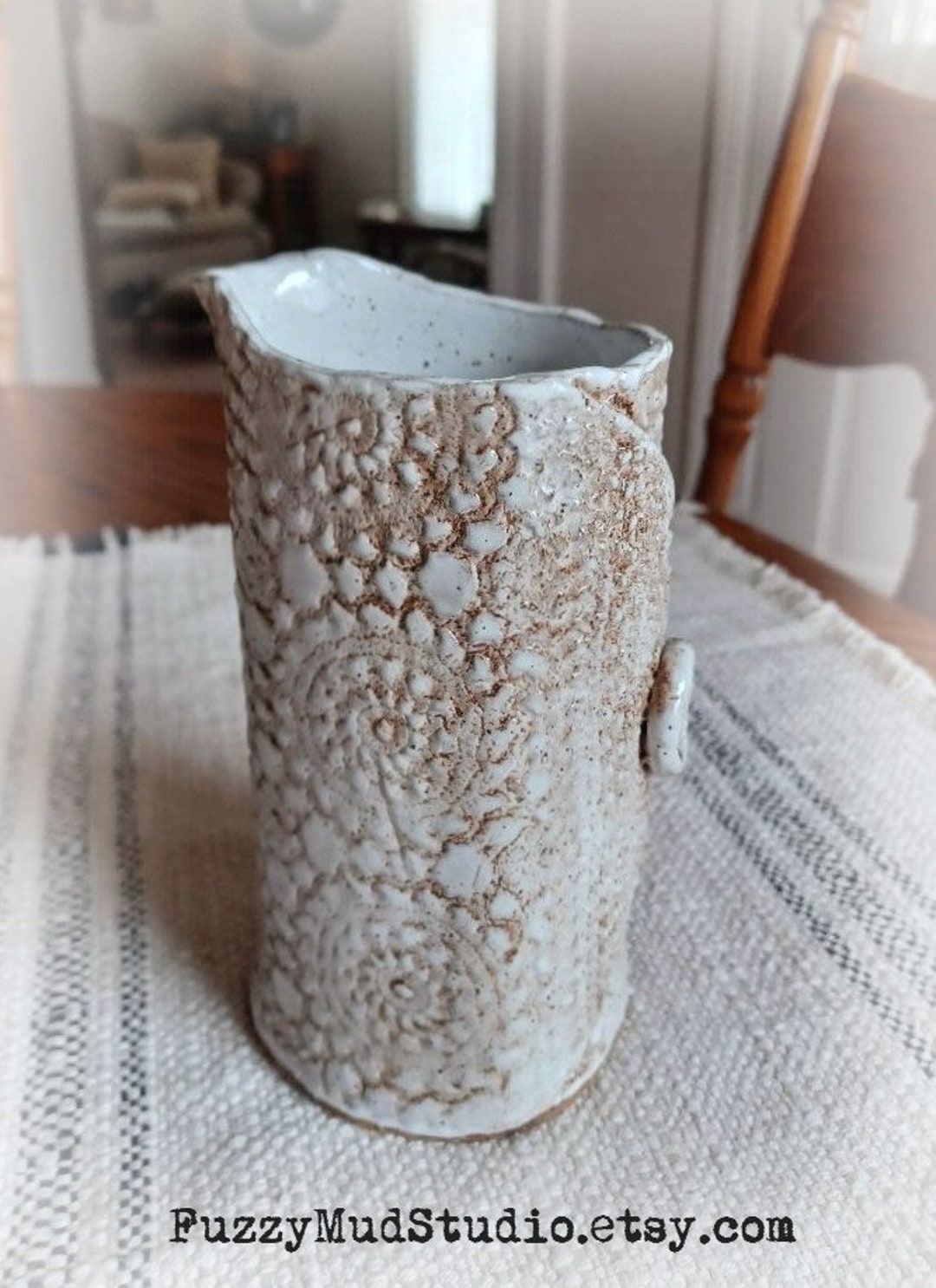 Handmade Pottery Handleless Pitcher Pottery Carafe Flower Vase Lace ...