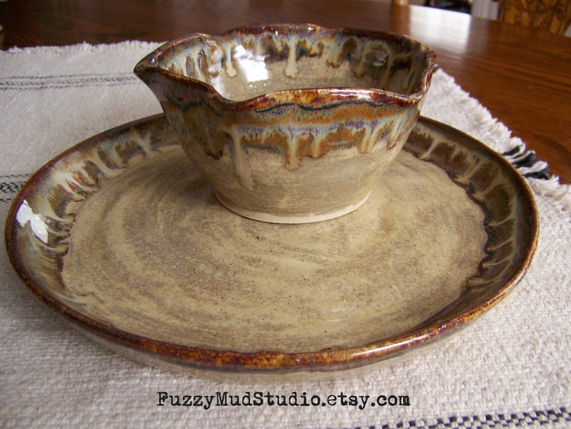 Handmade Pottery Dip and Plate Set Pottery Serving Set Earth - Etsy