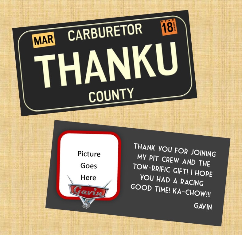 Cars Personalized License Plate Thank You Card - Etsy