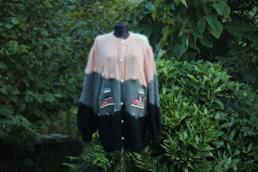 Vintage Mohair Cardigan Scenic 3D Handmade Landscape Scenery Puff ...