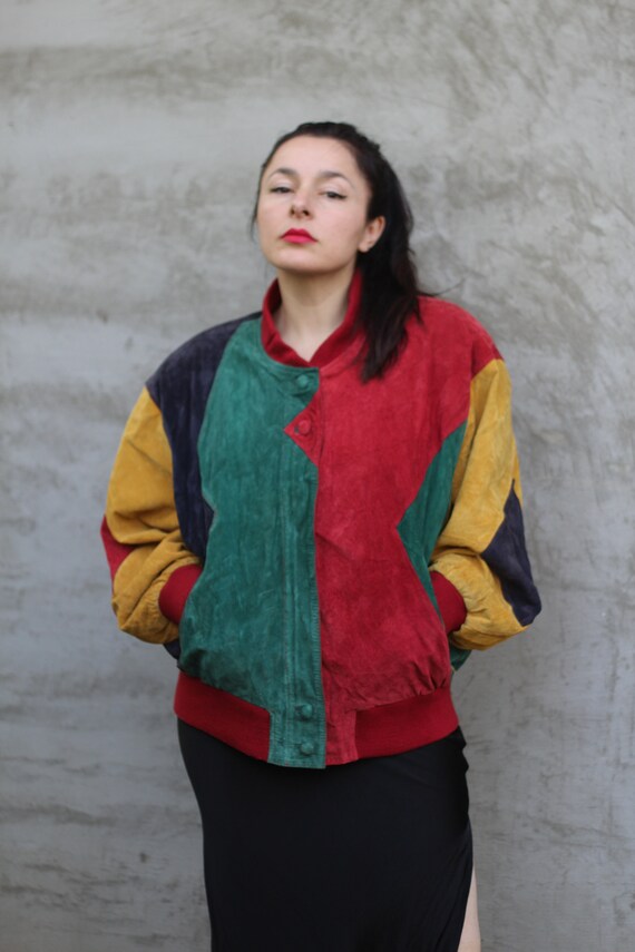 Vintage suede leather bomber jacket color block color… - Gem