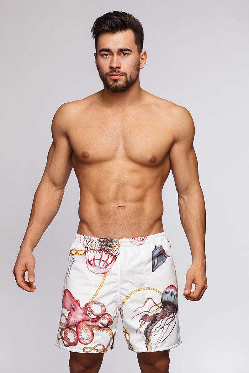 Sea Print White Men Swimming Shorts, White Swimwear Trunks With Octopus ...