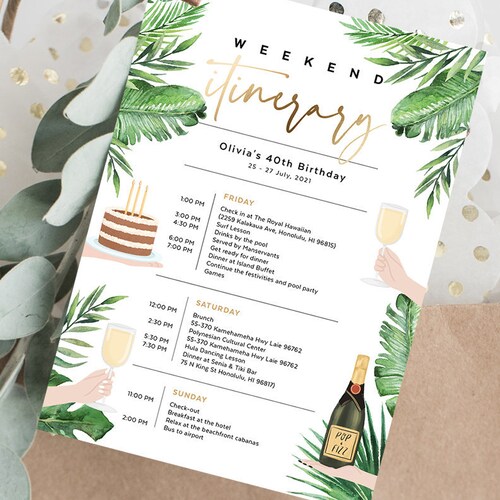 Birthday Itinerary Template Surprise Weekend Agenda Beach - Etsy