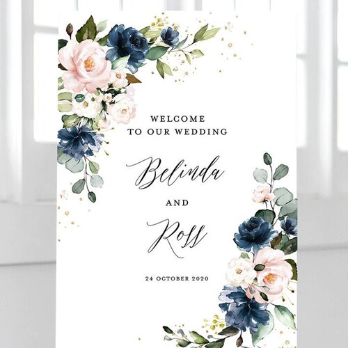 Navy Blush Rose Gold Floral Printable Cards & Gifts Sign Navy | Etsy