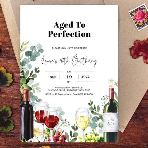 Birthday Party Invitation Aged To Perfection Wine Theme Etsy