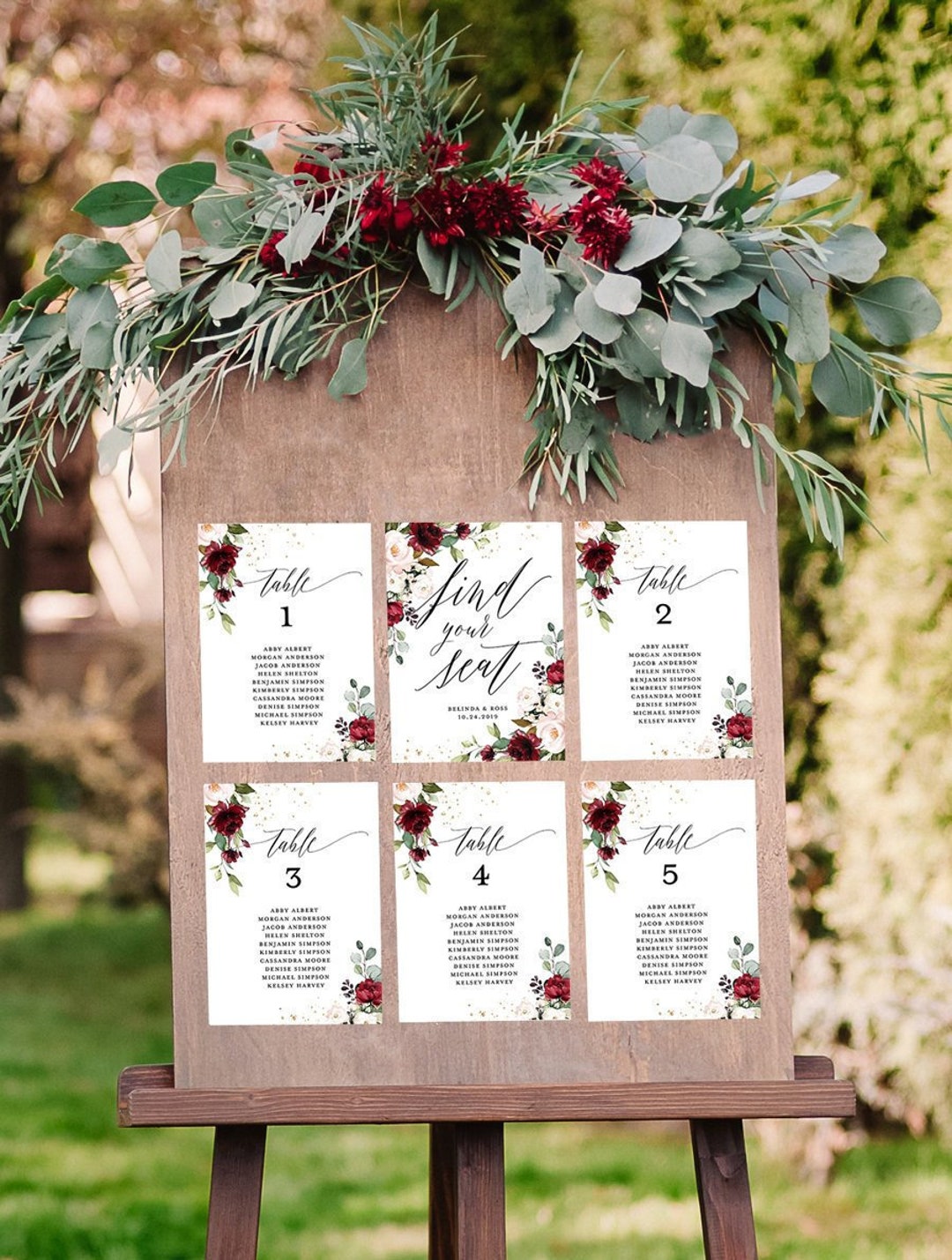 Editable Seating Chart, Simple Table Plan Card, Burgundy Floral ...