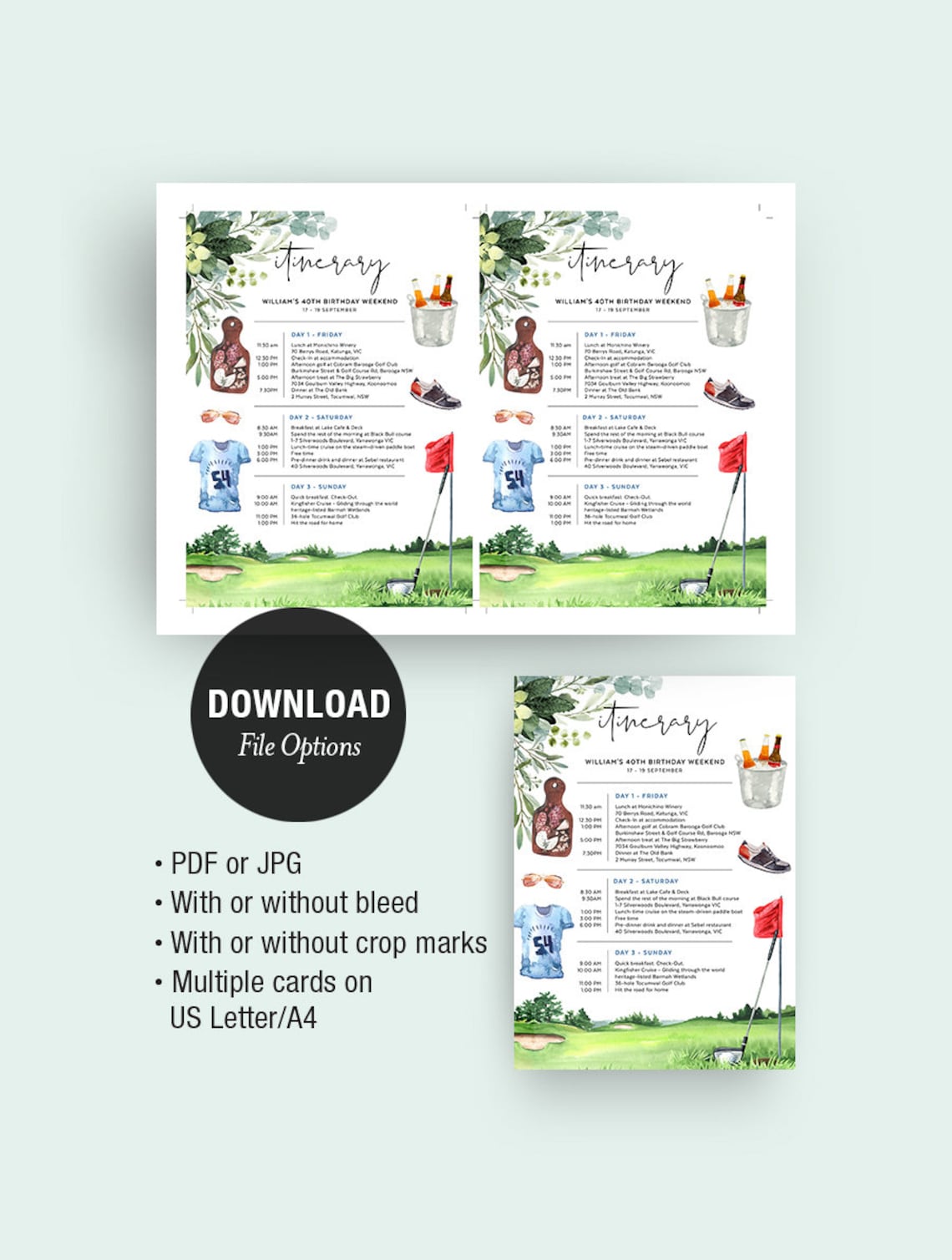 Itinerary Template Golf Weekend Schedule Par-tee Planner - Etsy
