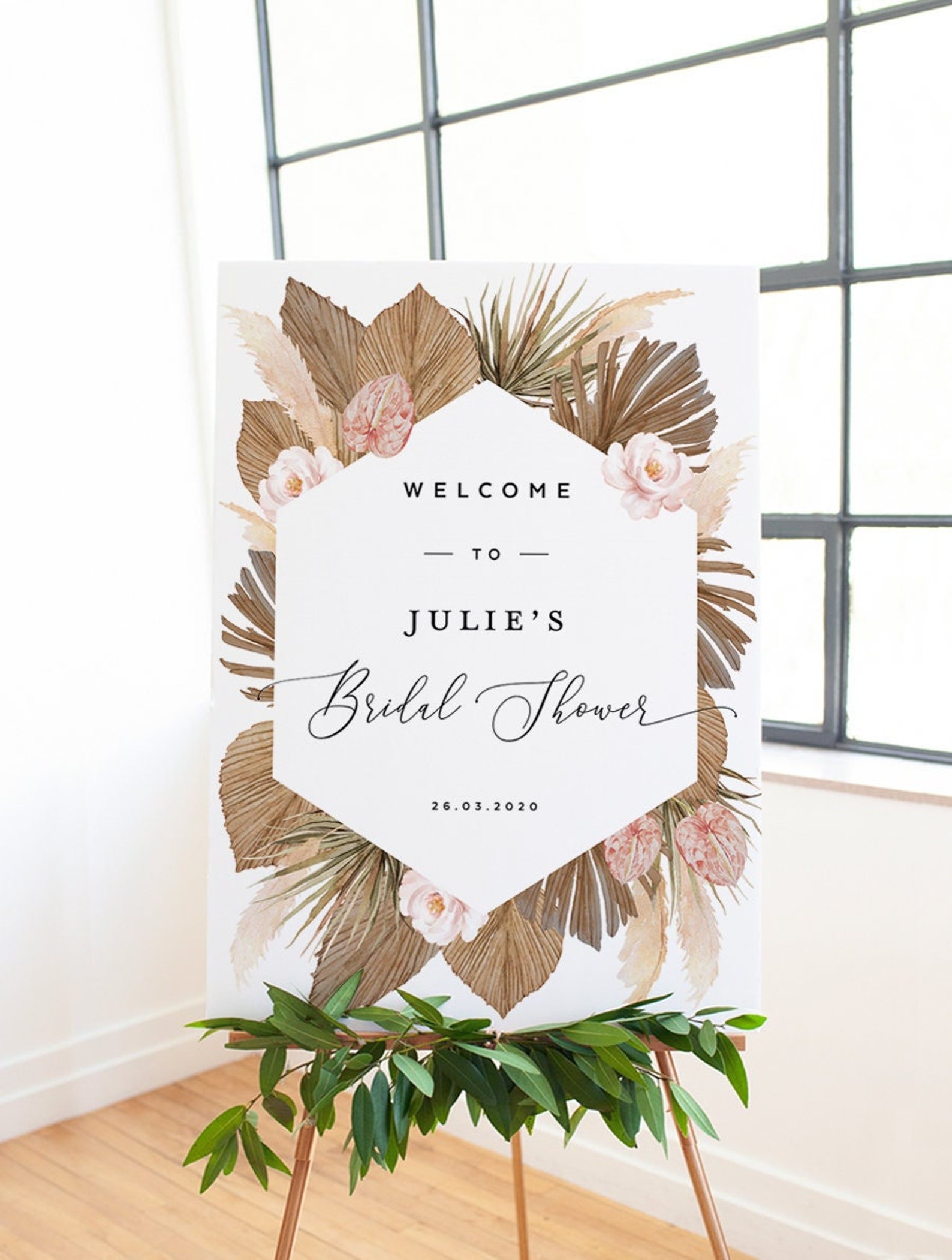 Pampas Grass Geometric Welcome Sign, Dried Rustic Palm Leaf, Blush ...