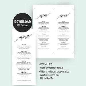 DIY Dinner Menu Card Printable Template, Modern Romantic Script, 5x7, 3 ...